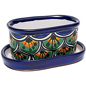 Enchanted Talavera Mexican Talavera Ceramic Succulent Pot Mini Flower Planter Cactus Bonsai Pot W/Drainage & Drip Dish Home Garden Office Desk Décor Gift Set (Peacock)