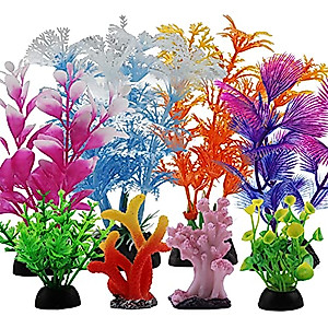 PietyPet Fish Tank Decorations Plants with Resin Coral, 8 pcs Aquarium Decorations Small Plants Plastic, Fish Tank Accessories, Aquarium Decor