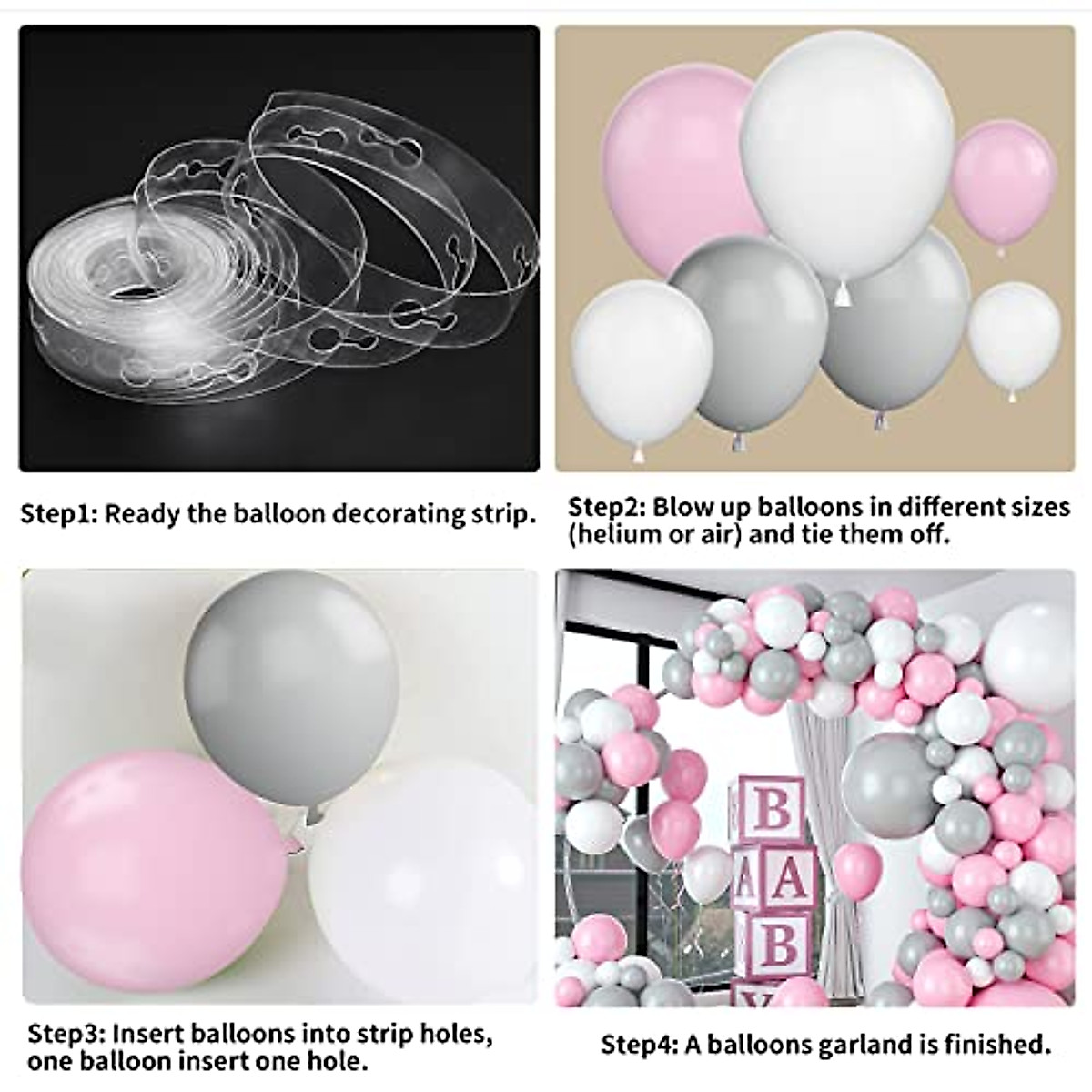 Grey and Pink Balloon Garland Arch Kit, 113Pcs Grey Pink White Latex Balloons for Baby Shower Wedding Birthday Graduation Anniversary Bachelorette Party Background Decoration