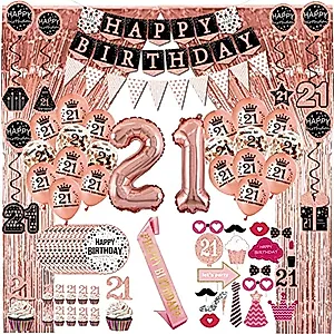 21st Birthday Decorations for her - (76pack) Rose Gold Party Banner, Pennant, Hanging Swirl, Birthday Balloons, Foil Backdrops, Cupcake Topper, Plates, Photo Props, Birthday Sash for Women Gift