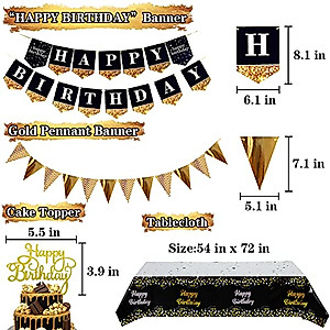 Black and Gold Birthday Party Decorations with Happy Birthday Banner, Gold Black Balloons, Birthday Tablecloth, Foil Fringe Curtains, Honeycomb Balls, Birthday Decor for Men Women