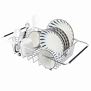 Dish Drying Rack in Sink-Adjustable 15.35" to 20.59",304 Stainless Steel Expandable Dish Drainer Rack Organizer with Utensil Cutlery Holder expandable in sink dish drying rack for Kitchen Counter