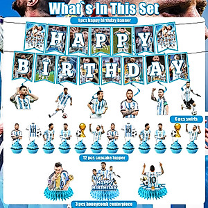 Soccer Birthday Decorations, Soccer Birthday Party Decorations Include 12 Cupcake Topper, 2 Banner, 3 Centerpieces, and 6 Hanging Swirls, Soccer Themed Birthday Party Supplies for Kids