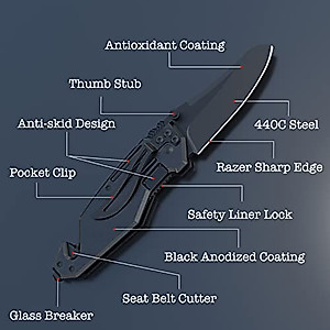 Pocket Knife, SHARKNIGHT EDC Pocket Knife 440C 2.56 inch Blade Wire Cord Cutter Glass Breaker Built-on Belt Clip Safe Lock Aluminum Handle Folding Knife for Outdoor Survival Camping Gift for Gentlemen