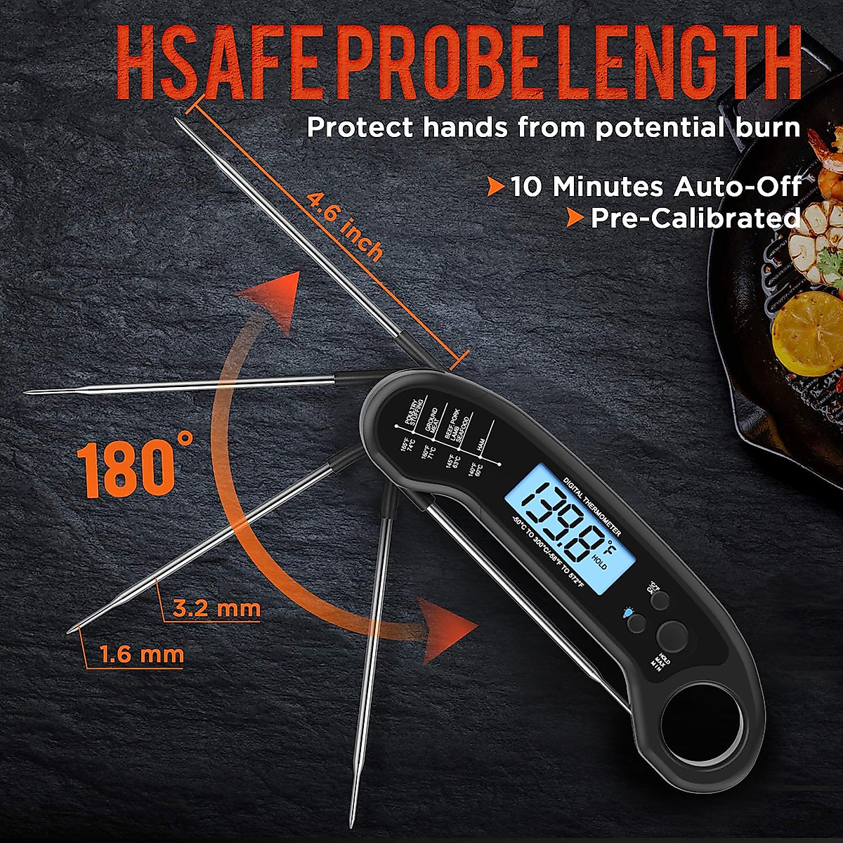 Instant Read Meat Thermometer for Cooking, Fast & Precise Digital Food Thermometer with Backlight, Magnet, Calibration, and Foldable Probe for Deep Fry, BBQ, Grill, and Roast Turkey