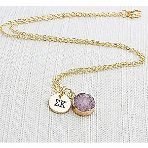 Sorority Shop SK Necklace - Sigma Kappa Purple Druzy Gemstone Necklace With Engraved Pendant – 14K Gold Dipped Jewelry with Purple Gemstone – Sorority Gift, Charm Paraphernalia