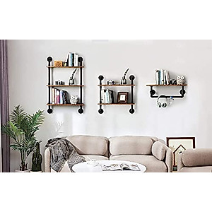 YMYNY Industrial Pipe Shelf Bracket, 2 Tiers and 3 Tiers Retro Wall Mounted Floating Shelf, 24" Farmhouse Bathroom Shelving, Set of 2