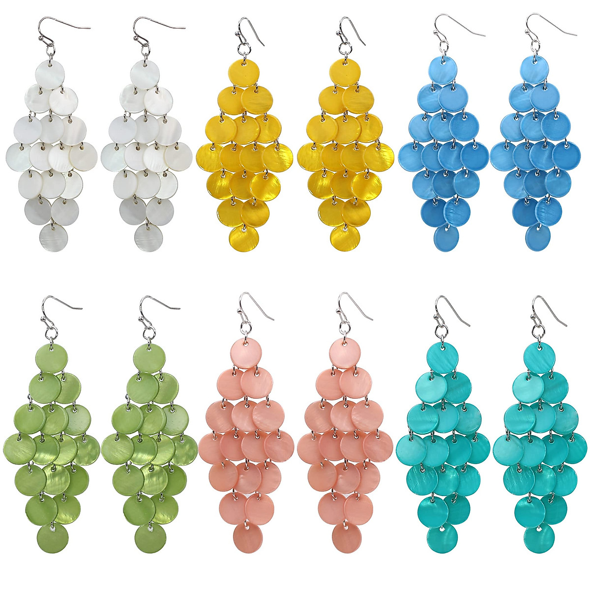 Jules D. Layered Dangling Shell Disc Beads Earring Handmade Multi Colorful Orange Red Blue Drop Chandelier Earring for Women (Blue Green)