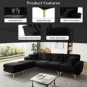 DAMAIFROM U-Shaped Sectional Sofa Couch, 114" Convertible L-Shaped Sectional Sofa with Chaise Lounge, Ottoman and Pillows, Modern Chenille 4 Seat Sofa Couch Set for Living Room (Black)