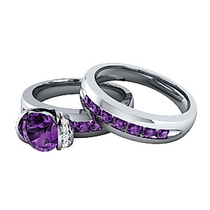 IDEALJEWEL95 1.50 ct Amethyst & White Sapphire Sterling Silver Bridal Set Ring Sizable For Women Engagement Ring/Wedding/Valentines