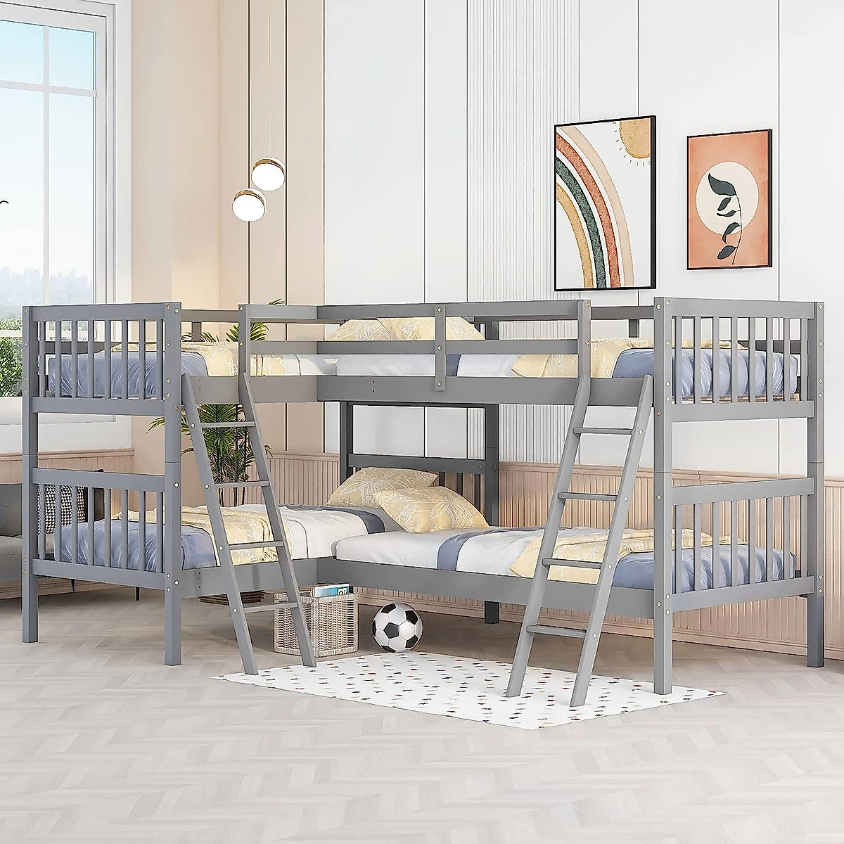 MERITLINE L-Shaped Quad Bunk Bed, Four Bunk Bed Twin Over Twin with Angle Ladder,Wooden Corner 4 Bed Bunk Bed for Kids, Teens, Adults, No Box Spring Needed (Twin, Grey)
