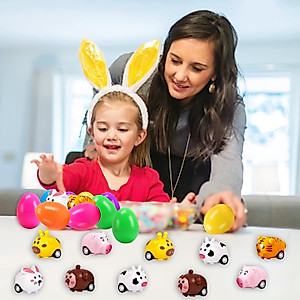 JIALWEN 12 Pack Easter Eggs Filled with Animal Pull Back Toy Cars, Easter Basket Stuffers Surprise Easter Gifts Hunt Theme Party Favors Classroom Prize Supplies