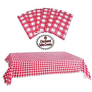 AnapoliZ Plastic Checkered Tablecloth | 6 Pcs Pack - 54” Wide x 108” Long | Red and White Picnic Disposable Table Cover | Rectangular Gingham Tablecover for Birthdays, Carnivals, Parties