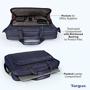 Targus 15-16 Inch Classic Slim Laptop Bag, Blue - Ergonomic Briefcase and Messenger Bag - Spacious Foam Padded Laptop Bag for 16" Laptops and Under (TCT027US)