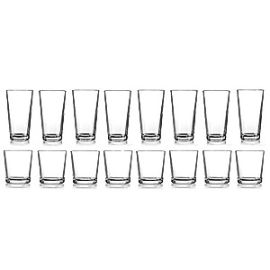 Glaver's Drinking Glasses Set Of 16, 8 Highball Glasses (17oz.), 8 Rocks Glass Cups (13 oz) Beer Glasses, Water, Juice, Cocktails.