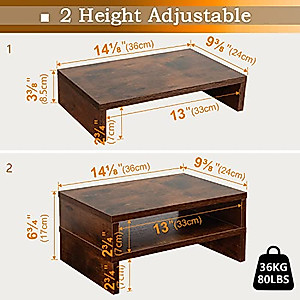 TEAMIX Monitor Stand Riser-2 Pack, Rustic Brown Wood Adjustable Monitor Stand Dual Monitor Riser for 2 Monitors/Laptop/PC Computer Stand for Desk