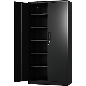 ZAOUS Metal Storage Cabinet with Lock，71'' Garage Storage Cabinet with 5 Adjustable Shelves, Tall Tool Cabinets for Garage, Home, Office, Gym, School，Black