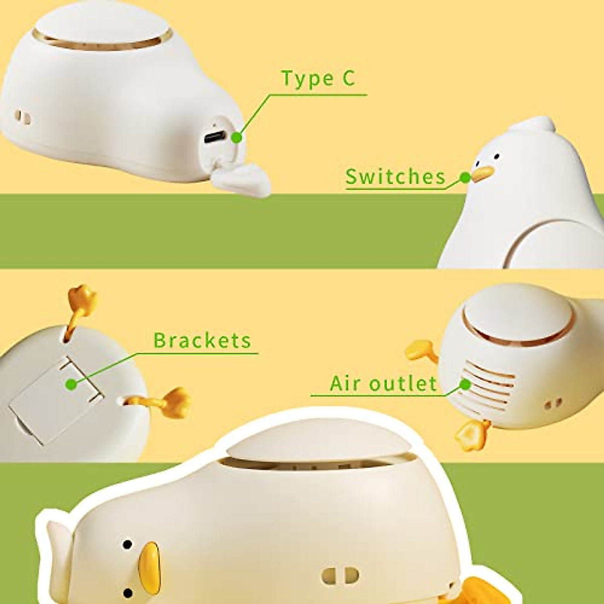 Portable Neck Fan, Hanging Neck Fan with Adjustable Lanyard, USB Rechargeable Mini Hand Held Fan，3 Wind Speed Personal Fan, Cute Bladeless Fan for Home Office Outdoor Travel (LIE-IN-PEACE DUCK)