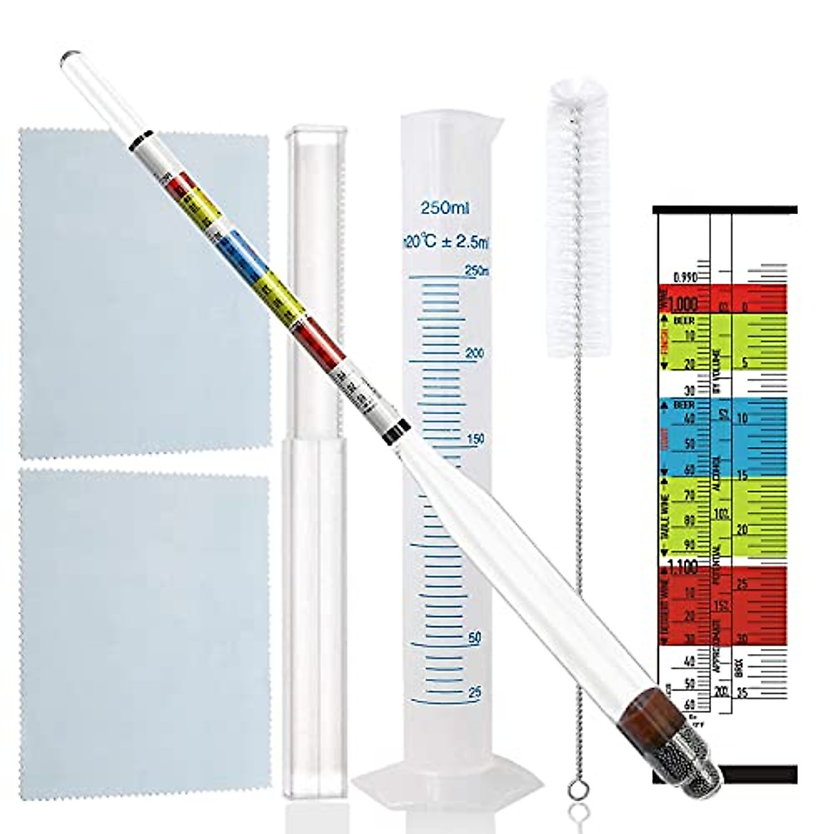Specific Gravity Hydrometer Beer Hydrometer Alcohol Meter Alcohol Measuring Tools with 250 ml Plastic Cylinder Cleaning Brush Wine Hydrometer Test Jar for Wine, Beer