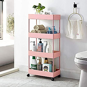 4-Tier Rolling Cart Narrow Utility Cart Slide Out Storage Rack for Narrow Corner Gap Kitchen Bathroom Bedroom Laundry(Pink)