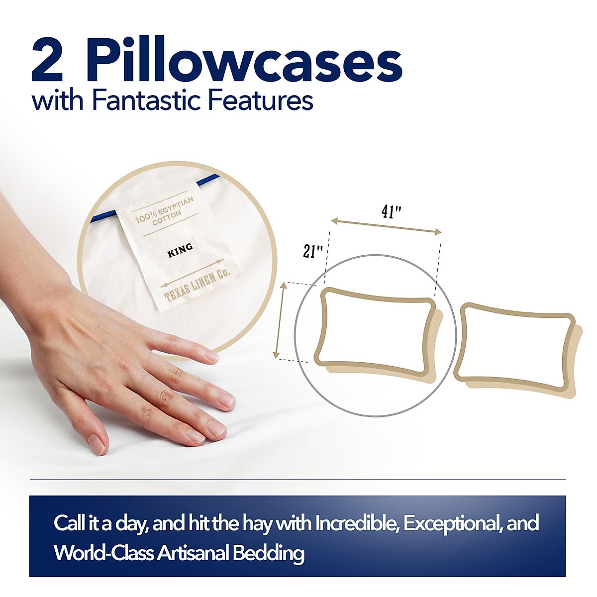 TEXAS LINEN CO. Luxury Egyptian Cotton King White Pillow Cases Set of 2-1000 Thread Count Pillowcases for Sleeping, Silky Soft, Cooling Pillow Cover, Extra Long Staple Hotel Quality Pillow Cases