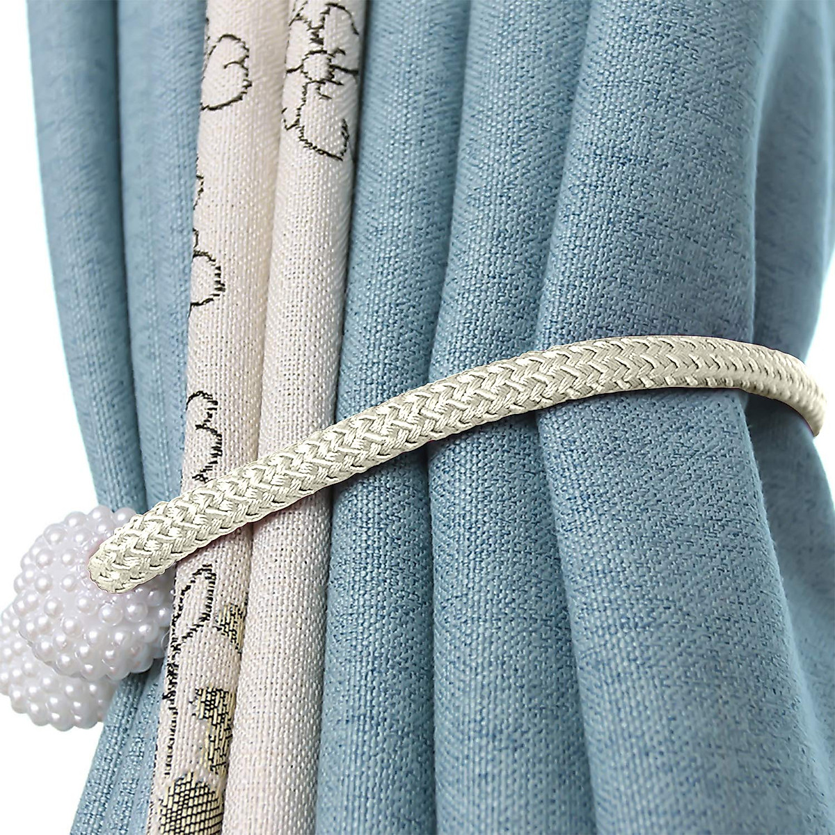 8 Pack Curtain Tiebacks, Drape Tie Backs Decorative Curtain Holdbacks Holder Magnetic Curtain Tiebacks for Window Draperies, No Tools Required- Square and Pearl Shape (Beige)