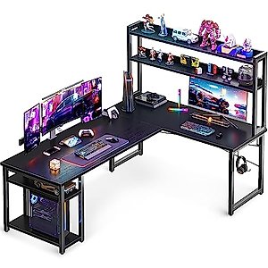 ODK L Shaped Gaming Desk with Hutch, Computer Desk with Storage Shelves, 66" L Shaped Desk for Home Office, Corner Desk with Headphone Hook, Black