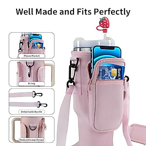 GUTAROR Water Bottle Carrier Bag Compatible with Stanley 30 40oz Tumbler with Handle, Water Bottle Holder with Adjustable Shoulder Strap 2 Straw Covers for Hiking Travelling Camping (Rose Quartz)