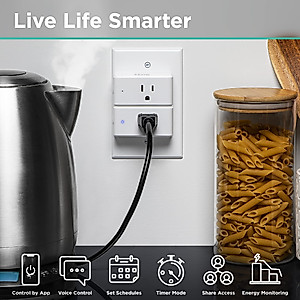 iHome Flow Smart Plug with Energy Monitoring and Timer Function, Wireless Wi-Fi Outlet Socket with On/Off Button, No Hub Required, Compatible with Alexa, Echo, and Google Home, 2-Pack