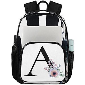 Heavy Duty Clear Backpack Stadium Approved, Alphabet Monogram Floral M Letter PVC Transparent Backpack See Through Large Bookbag for Work School Travel College