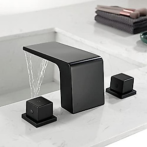 SHAMANDA Waterfall Bathroom Faucet 3 Hole, 2 Square Handle Widespread Rv Lavatory Sink Faucet with cUPC Water Supply Lines, Solid Brass, Matte Black, LB401-7
