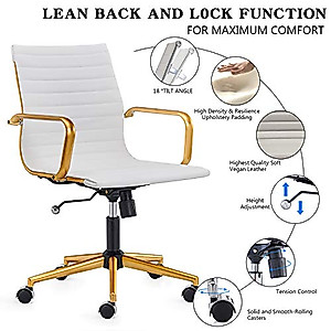 LUX Modern Desk Chair Gold Base White and Gold Office Chair Rolling Office Chair with Back Support Ergo Office Chair with Caster Wheels Office Chair for Heavy People 320lbs Gold Swivel Office Chair