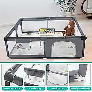 DUDUGWA Baby Playpen, Baby Playard, Large Playpen for Babies and Toddlers with Soft Visiable Mesh, Indoor & Outdoor Kids Activity Play Center with Anti-Slip Suckers and Zipper Gate, Grey, 78.7×71×26in