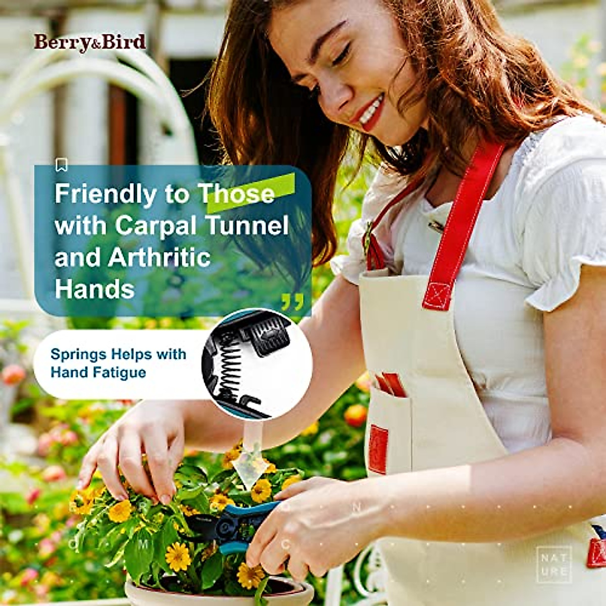 Berry&Bird Garden Clippers, Pruning Scissors with Stainless Steel Teflon Coating Blades and Handle, Plant Clippers Work 3 Times Easier with Spring, Garden Shears for Trimming Rose, Small Stem, Bonsai