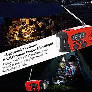 2000mAh SOS Alarm Emergency Weather Radio, 3LED Type-C Hand Crank Solar Battery Operated Wind Up Radio Flashlight, NOAA AM FM Portable Radio Cell Phone Charger Survival Kit (Red)