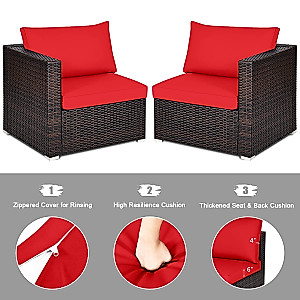 RELAX4LIFE 2-Piece Patio Rattan Loveseat - Sectional Corner Sofa Set w/Removable Cushions & Pillows, All Weather Furniture Set for Porch, Poolside, Balcony, Yard, Outdoor Wicker loveseat (Red)