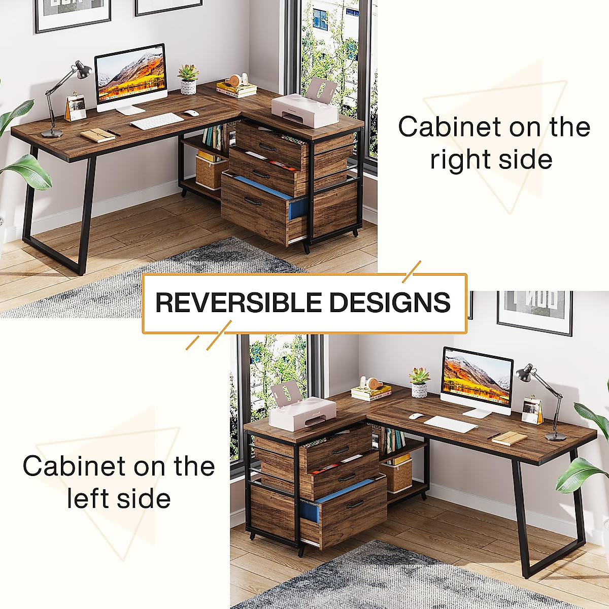 LITTLE TREE Reversible 53-inch L Shaped Desk with 3 Drawer, Farmhouse Corner Desk Gaming Table with Shelves and File Cabinet for Letter Size & Legal Size File for Home Office and Small Space, Brown