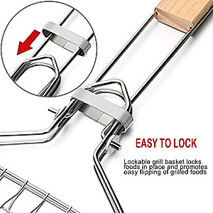G.a HOMEFAVOR BBQ Fish Grill Basket Food Grade 18/8 304 Stainless Steel, Folding Portable Oak Handle, for Grilling Fish Vegetables Shrimp Meat Steak (Silicone Brush+Pouch+3x12inch Skewers)