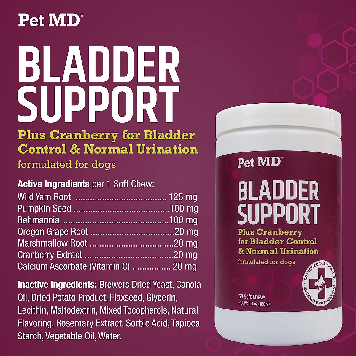 Pet MD Bladder Support Plus Cranberry for Dogs - Support Bladder Control & Urinary Tract Health - Help Relieve Dog UTI & Incontinence - Wild Yam Root & Cranberry Bladder Bites for Dogs - 60 ct