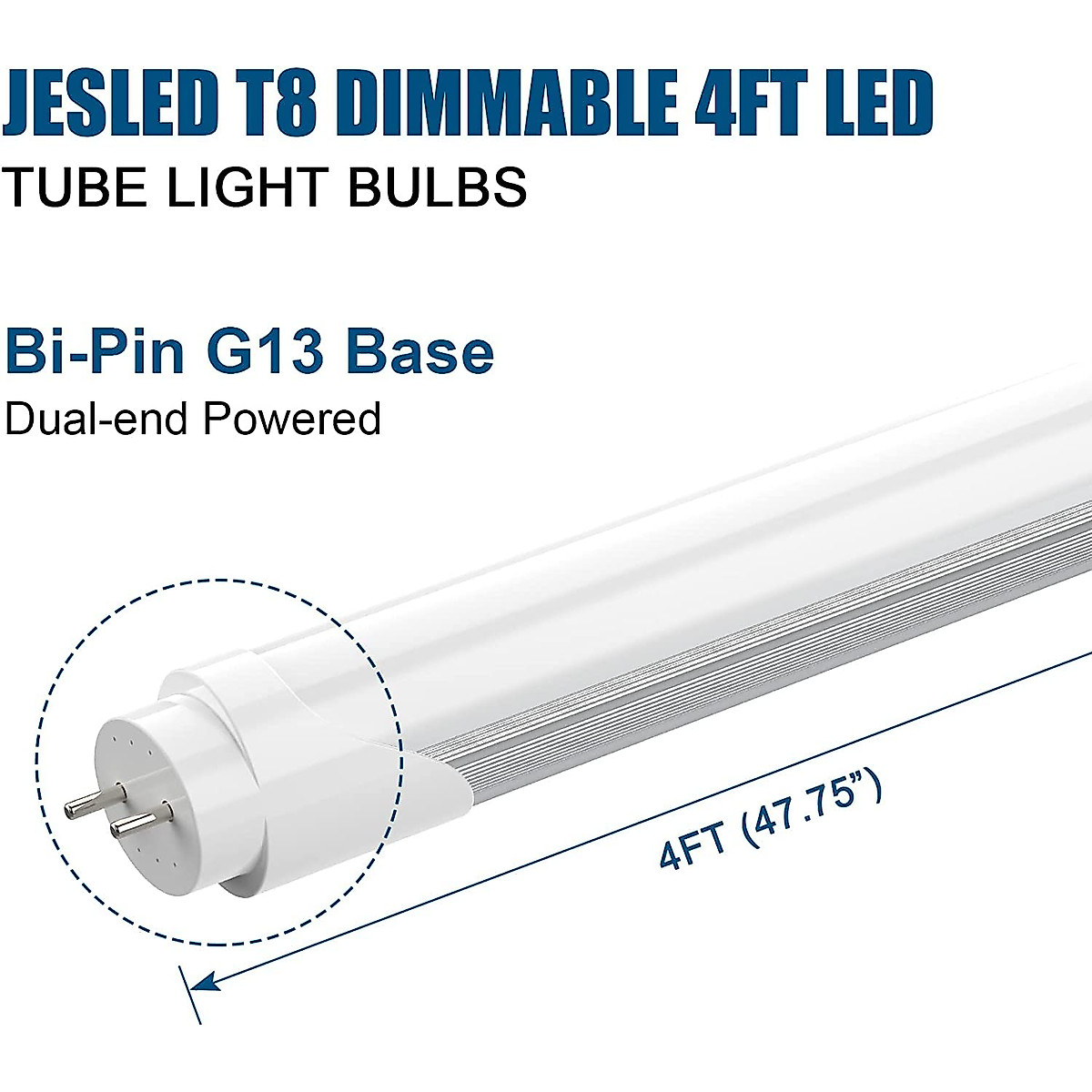 JESLED Dimmable T8 LED Type B Light Bulbs 4 Foot, 3120+Lumens, 5000K Daylight White, 24W (65W Equivalent), 4FT Fluorescent Tube Replacement, Ballast Bypass, Dual Ended Power, Frosted, 4-Pack