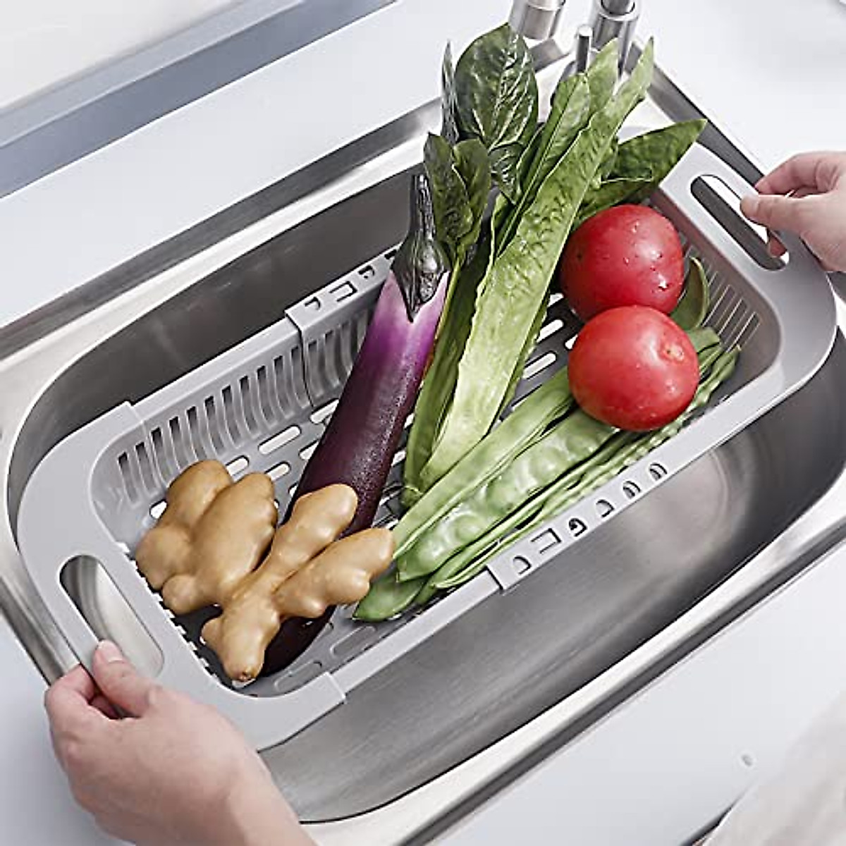 MineSign Extendable Over the Sink Colander Fruits and Vegetables Drain Basket Adjustable Strainer Sink Washing Basket for Kitchen (Green)
