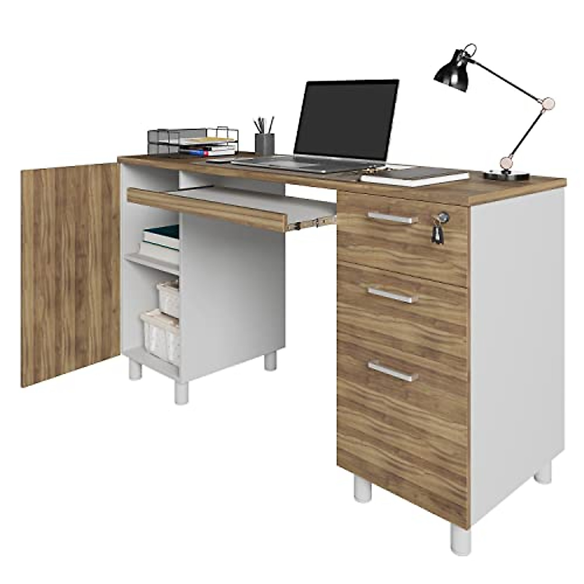 Modern Design By Crafts & comfort Venice Computer Desk - Office Desk with 3 Drawers & CPU Storage Cabinet - Laptop Workstation with Keyboard Tray & Cable Hole - Home & Office Supplies -Cass/White