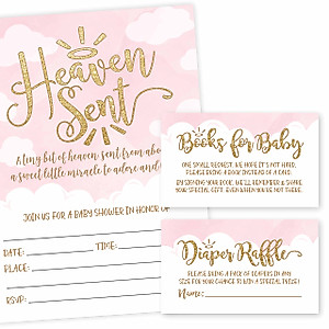 Hadley Designs 25 Pink Heaven Sent Baby Shower Invitations, 25 Book Request Baby Guest Book Alternative, 25 Baby Diaper Raffle Tickets for Baby Shower Games To Plays