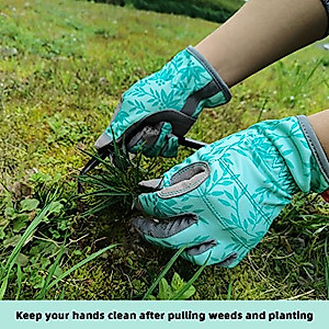 KLDOLLAR Leather Gardening Gloves for Women, Breathable Spandex & Thorn Proof, Garden Gloves for Weeding, Planting, Digging, Flexible Touch Screen Grip - Medium Green