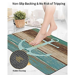 Gogobebe Super Absorbent Diatom Mud Mat Ocean Marine Theme Anchor on Turquoise Wooden Board Quick-Drying Thin Bath Mat Non-Slip Bathtub Mat Anti-Skid Rubber Bathroom Shower Mat 16x24in