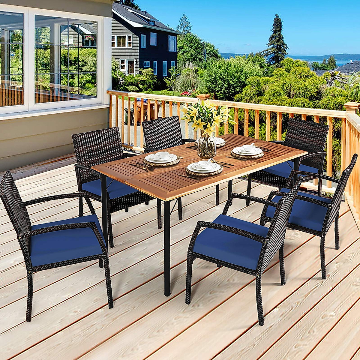 HAPPYGRILL 7 Pieces Patio Dining Set Outdoor Furniture Rattan Wicker Dining Set with Umbrella Hole, Powder Coated Steel Frame, Acacia Wood Dining Table and Armchairs with Removable Cushions