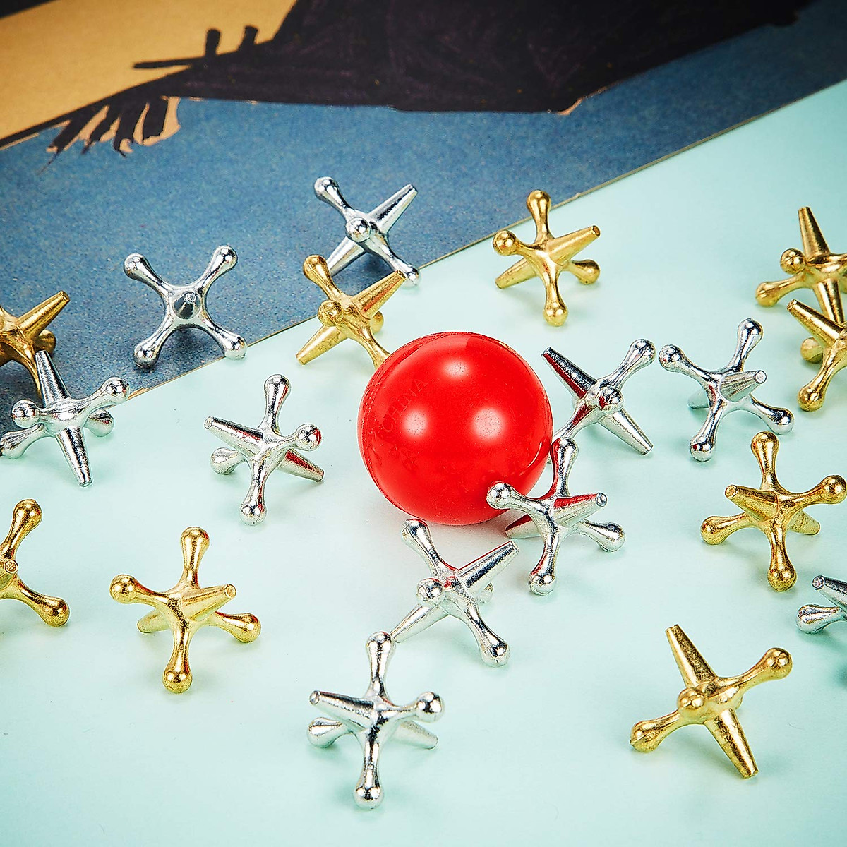 2 Sets Metal Jacks Game with Ball 2 Pieces Red Rubber Balls and 20 Pieces Classic Metal Jacks Retro Vintage Jacks Game Toy for Kids and Adults for Christmas Birthday Party Game