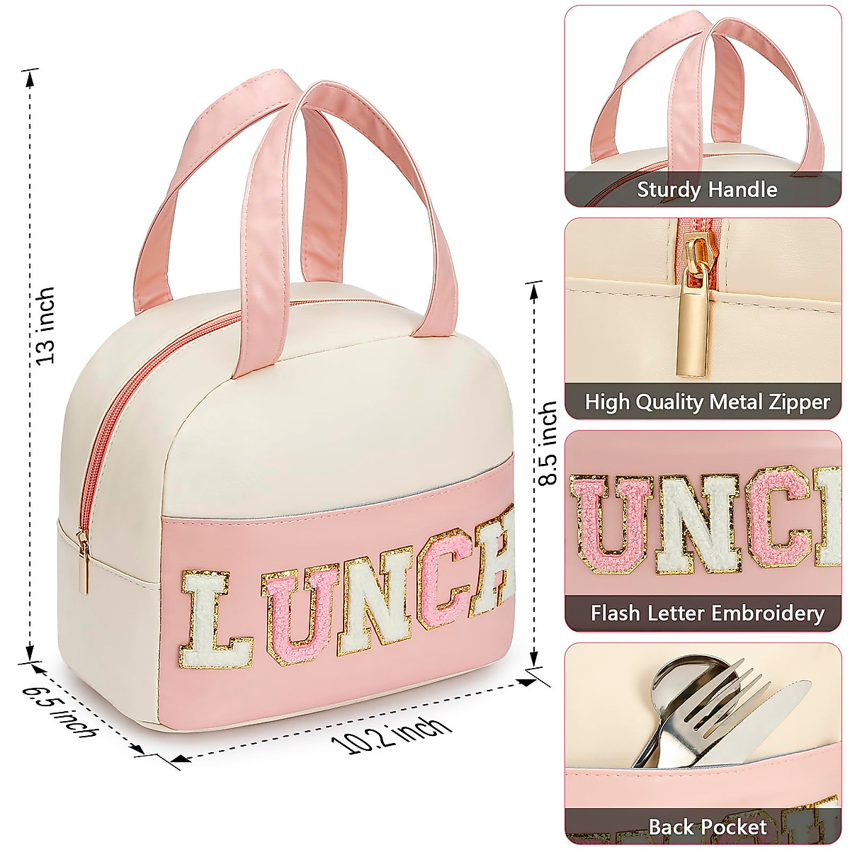 Lunch Bag for Women Insulated Lunch Bag For Men PU leather Small Lunch Bag for Office Work lunch Bag with Chenille Letters Leakproof Freezable Cooler Bag Reusable Portable Lunch Box (White&Pink)