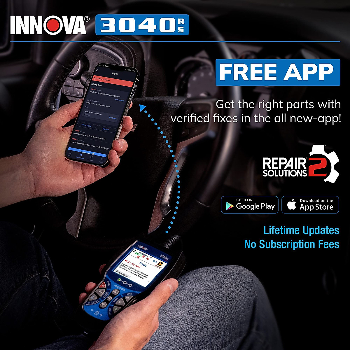 INNOVA 3040RS, OBD2 Scanner, Live Data Streamer, Battery/Alt Tester, Reset Check Engine Light/Brake Light/Oil Light, Free Mechanic Recommended Fix & Parts & Est Repair Cost, Lifetime Free Update