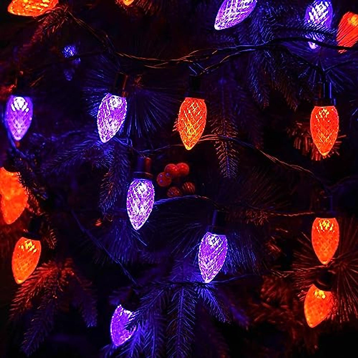 KAQ-2PK 100 LED 66ft Extendable C9 Halloween String Lights, Outdoor Halloween Tree Lights Green Wire for Patio Christmas Trees Fall Lights Halloween Decorations (Orange and Purple)
